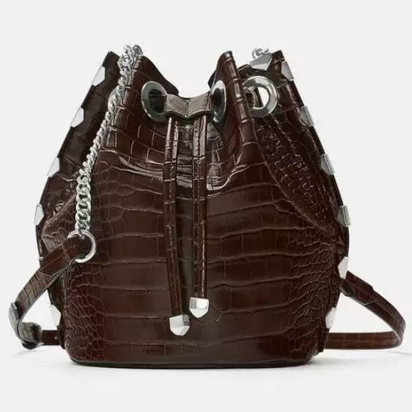 Zara | Bags | Zara Mock Croc Bucket Crossbody Bag Brown New | Poshmark